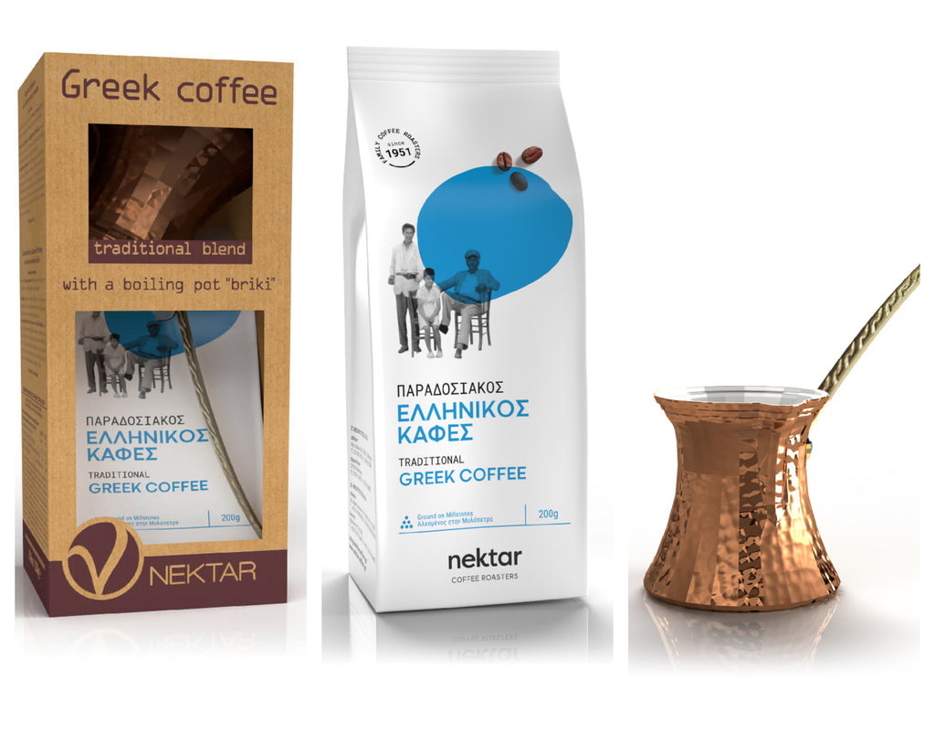 Greek Coffee Traditional Blend 200gr with Brass Boiling Pot '' Briki ...